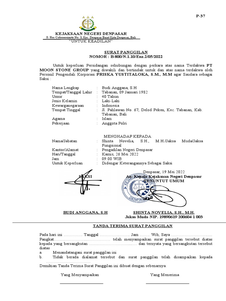 Contoh Surat P-37 Panggilan Saksi | PDF
