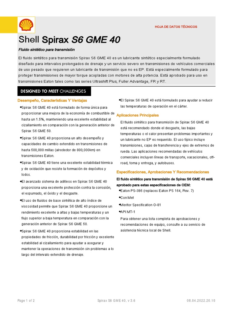 Shell Spirax S6 GME 40 | PDF | Transmisión (Mecánica) | Lubricante
