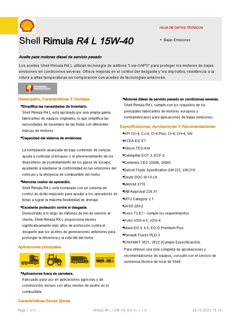 Shell Rimula R4 L 15W-40 | PDF