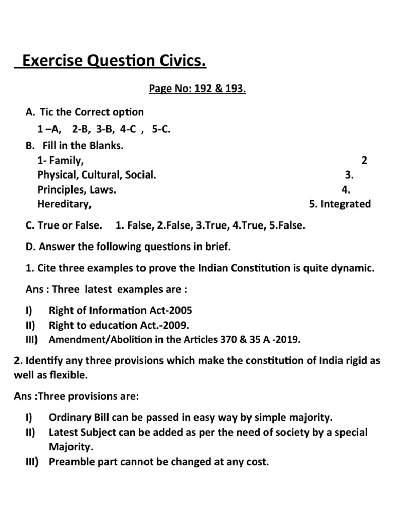 Exercise Question Civics | PDF | Constitution | Government