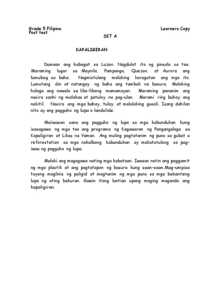 Grade 5 Filipino Post Test | PDF