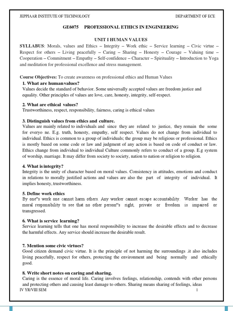 Unit I Human Values SYLLABUS: Morals, Values and Ethics - Integrity - Work Ethic - Service ...