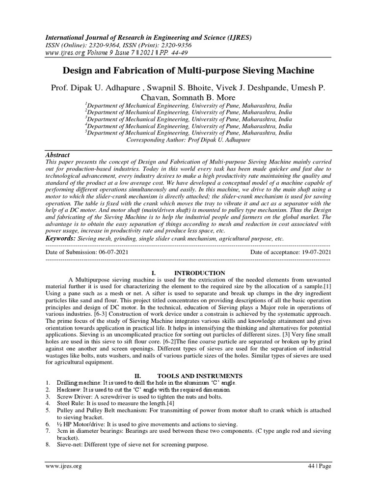 Design and Fabrication of Multi-Purpose Sieving Machine | PDF ...