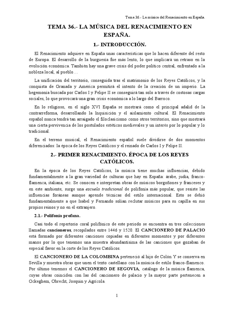 TEMA 36. - La Música Del Renacimiento en España. | PDF | Canciones | Renacimiento