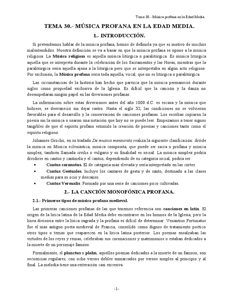 TEMA 30. - Música Profana en La Edad Media. | PDF | Canciones | Poesía