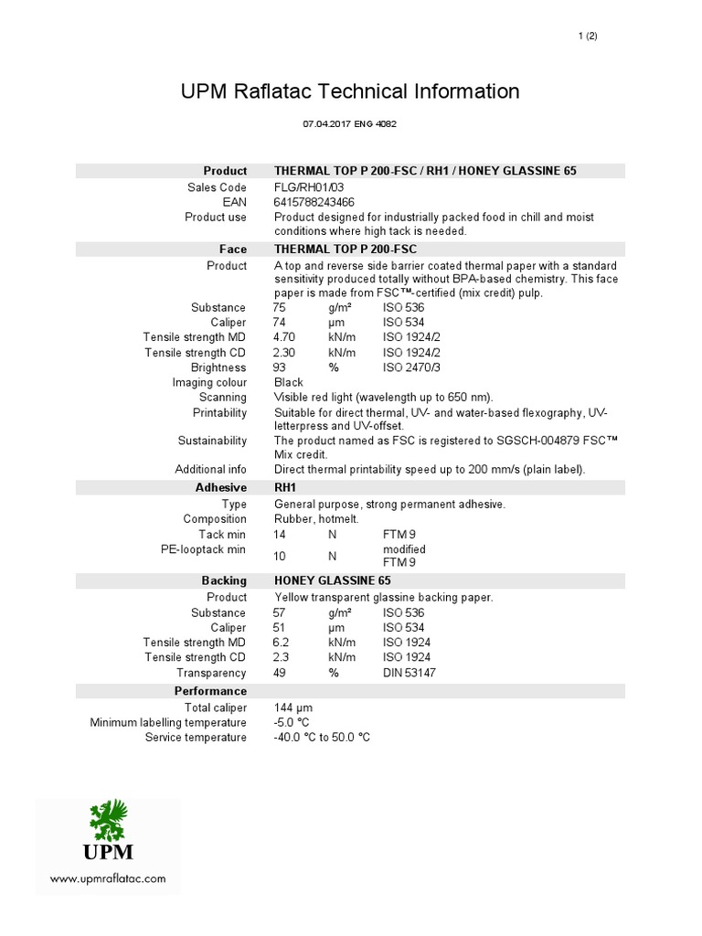 DT202B THERMAL TOP P 200 RH01 HONEY GLASSINE 65 UPM Raflatac SPA | PDF | Shelf Life | Materials