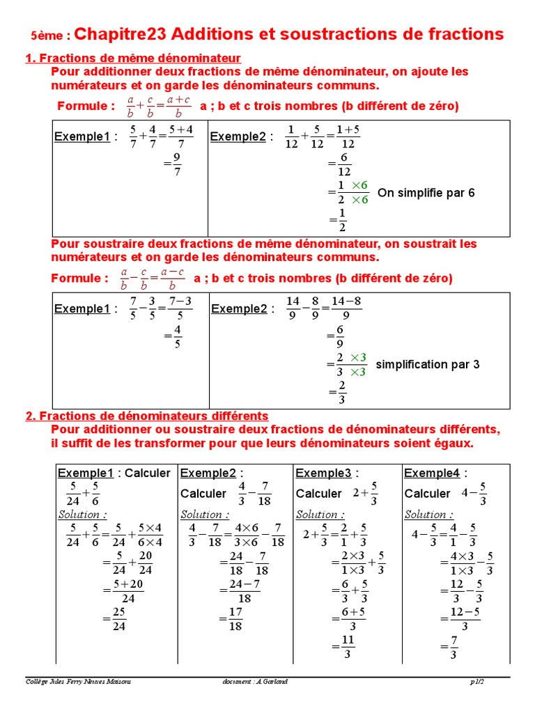 Cours Additions Et Soustractions de Fractions | PDF