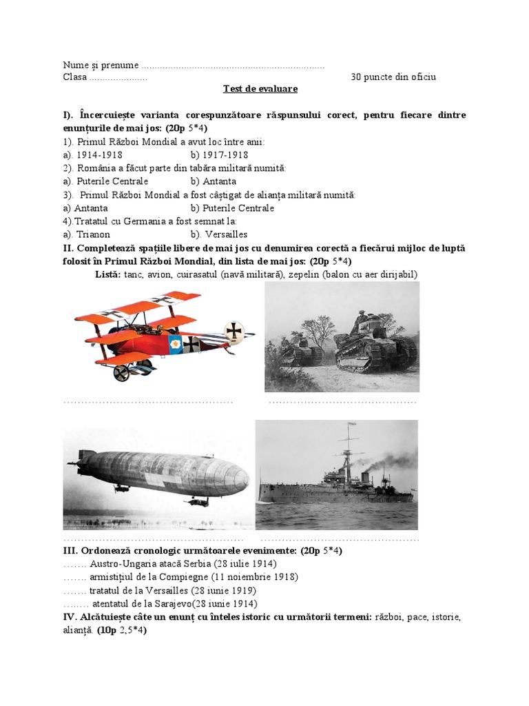 Test Clasa A VII-a Istorie Elevi Cu Ces | PDF