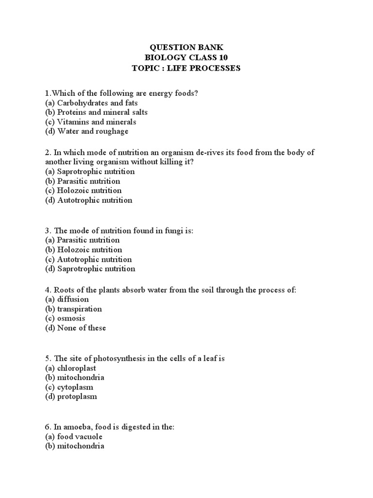 QUESTION BANK Life Processes Answers | PDF | Digestion | Human Nutrition
