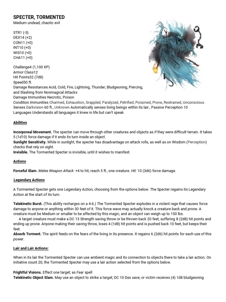 Tormented Spector 5E Monster Stat Block (Homebrew) | PDF | Ghosts