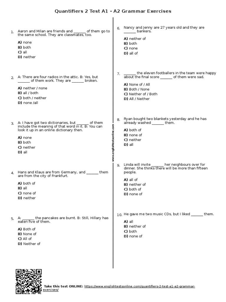Quantifiers 2 Test A1 - A2 Grammar Exercises | PDF