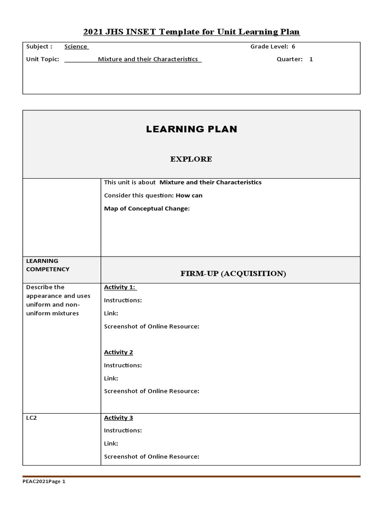 2021 JHS INSET Template For Unit Learning Plan | Download Free PDF | Rubric (Academic ...