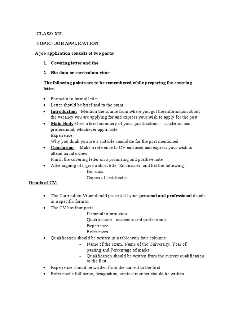Job Application Class Xii English | PDF