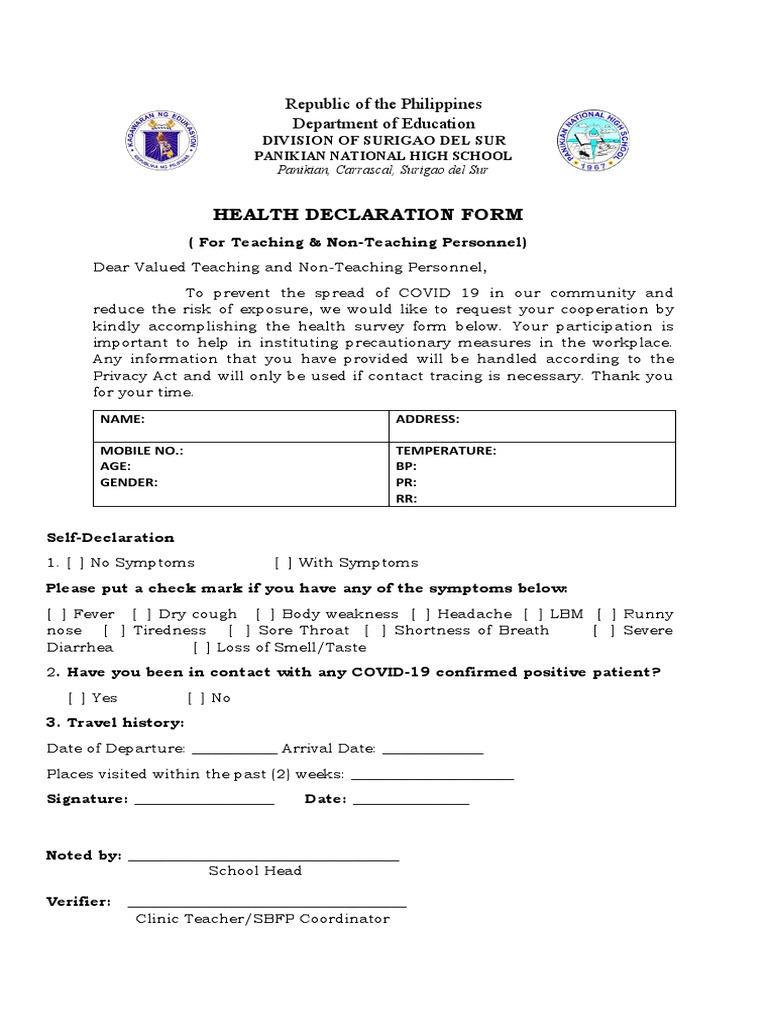 COVID-19 Health Declaration Form | PDF | Social Science