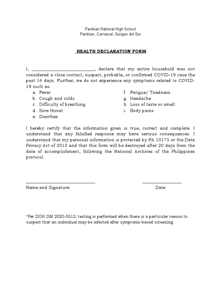 Health Declaration Form: Panikian National High School Panikian ...