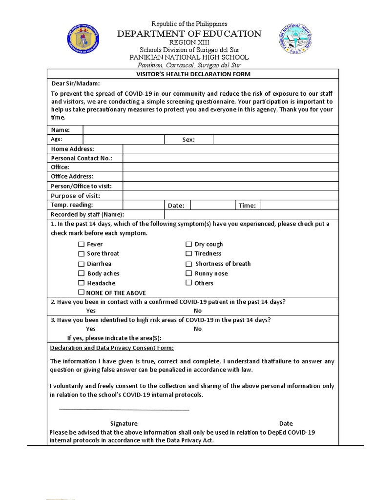 Department of Education: Visitor'S Health Declaration Form | PDF