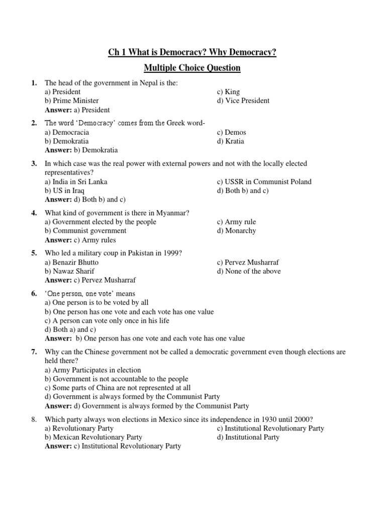 CH 1 What Is Democracy? Why Democracy? Multiple Choice Question | PDF ...