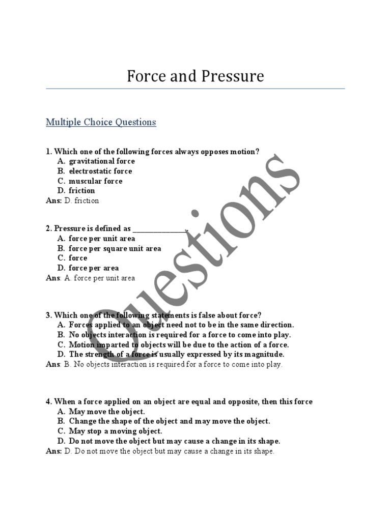Force and Pressure MCQs and Answers | PDF | Force | Pressure