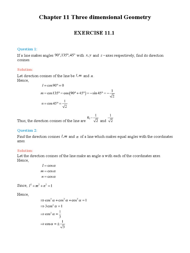 Chapter 11 Three Dimensional Geometry: Exercise 11.1 | Download Free ...