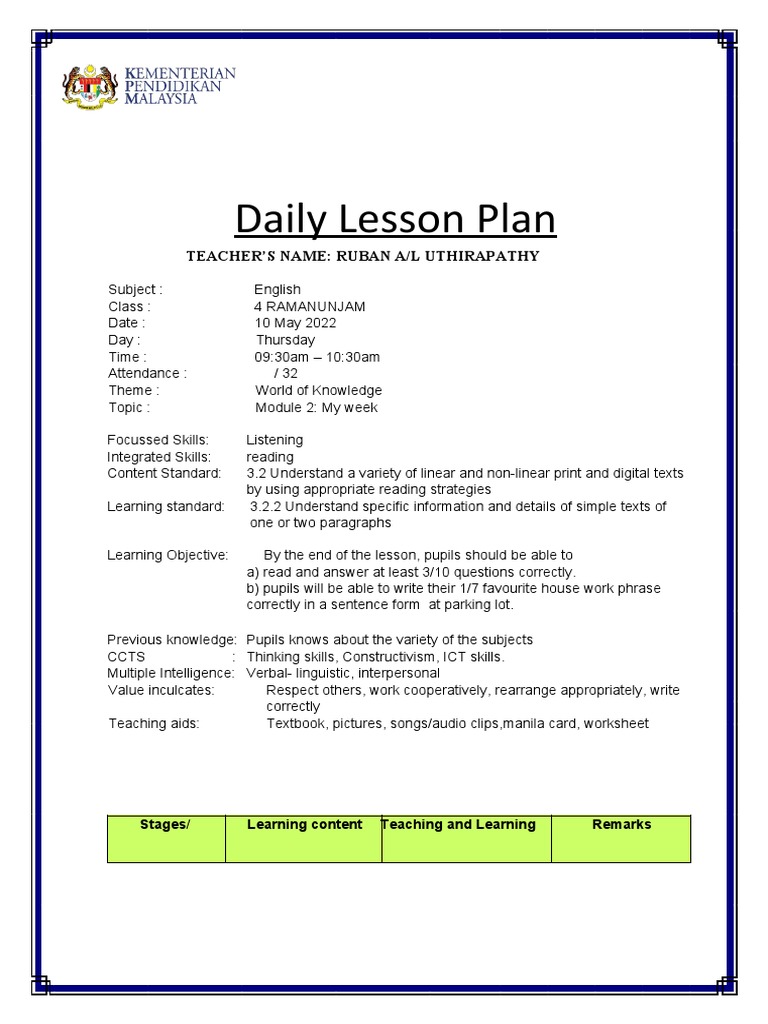 Daily Lesson Plan: Teacher'S Name: Ruban A/L Uthirapathy | PDF ...
