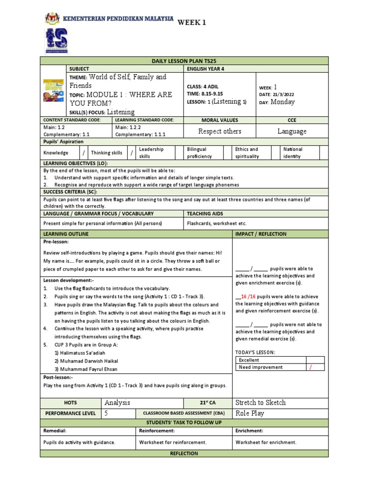 RPH WEEK 1 2022 (FAZLINA) | PDF | Lesson Plan | Vocabulary
