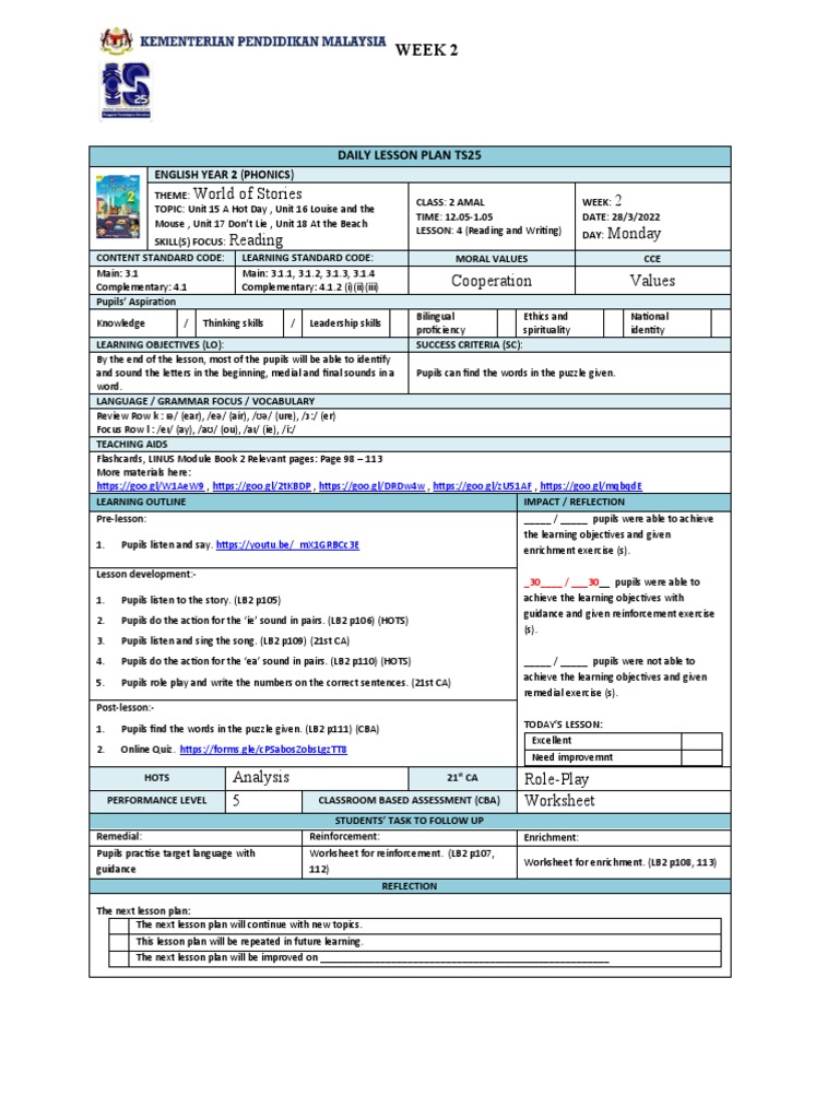 RPH Week 2 2022 (Fazlina) | PDF | Lesson Plan | Vocabulary