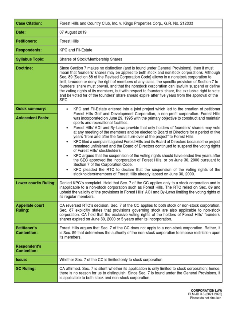 Forest Hills and Country Club, Inc. v. Kings Properties Corp., G.R. No ...