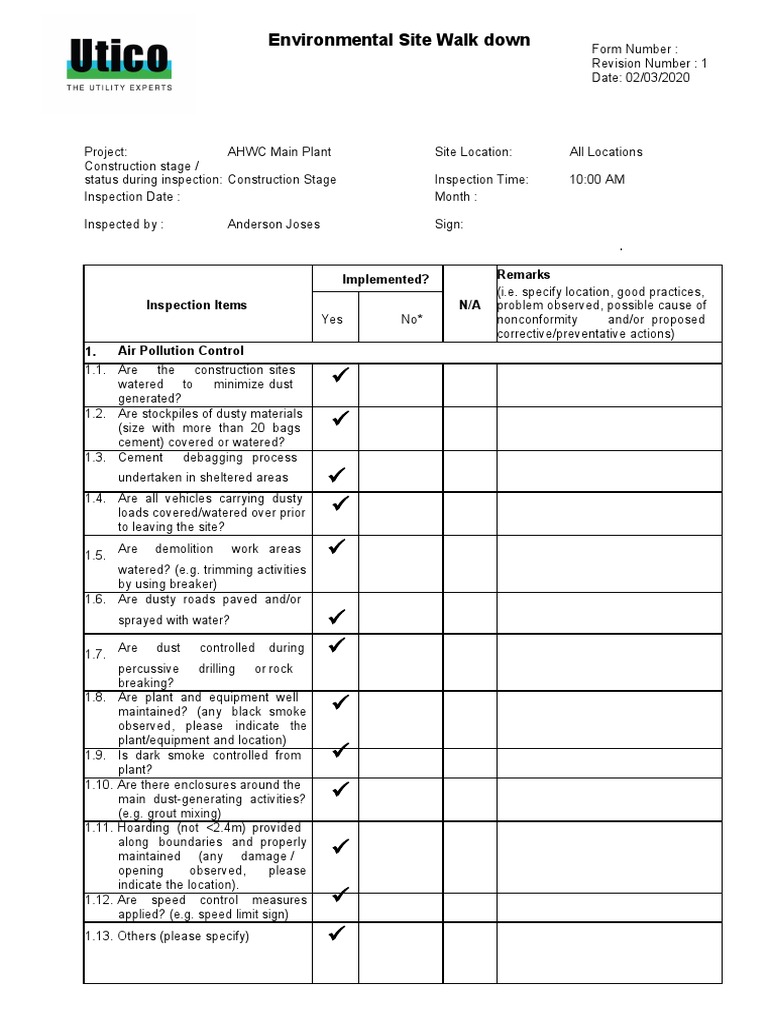 Environmental Site Walk Down: Implemented? Remarks Inspection Items N/A ...