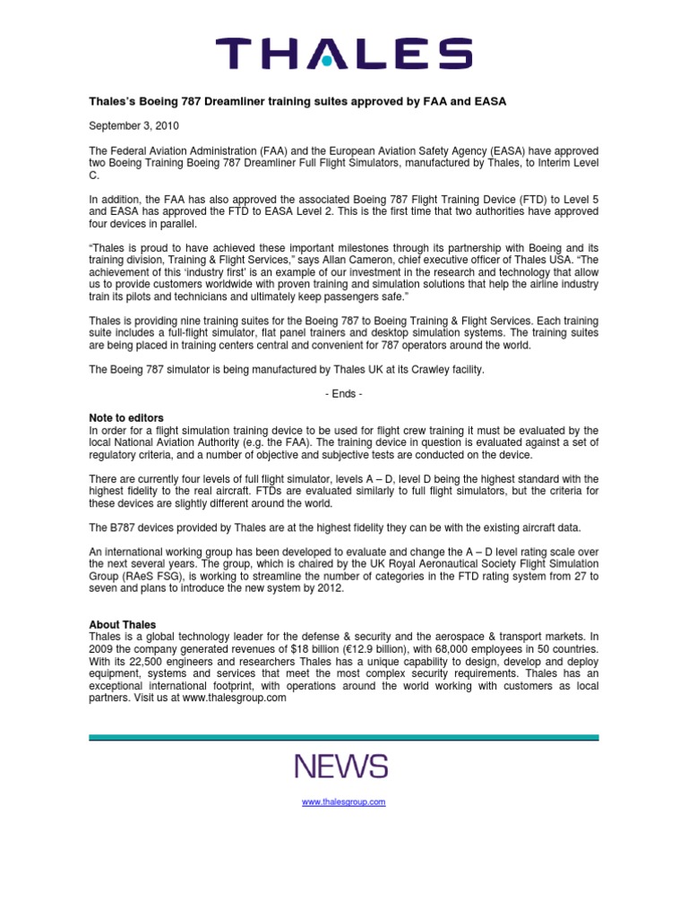 Thales's Boeing 787 Dreamliner Training Suites Approved by FAA and EASA ...