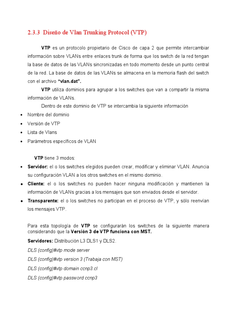 Configuración y diseño de un dominio VTP en una red de switches Cisco | PDF