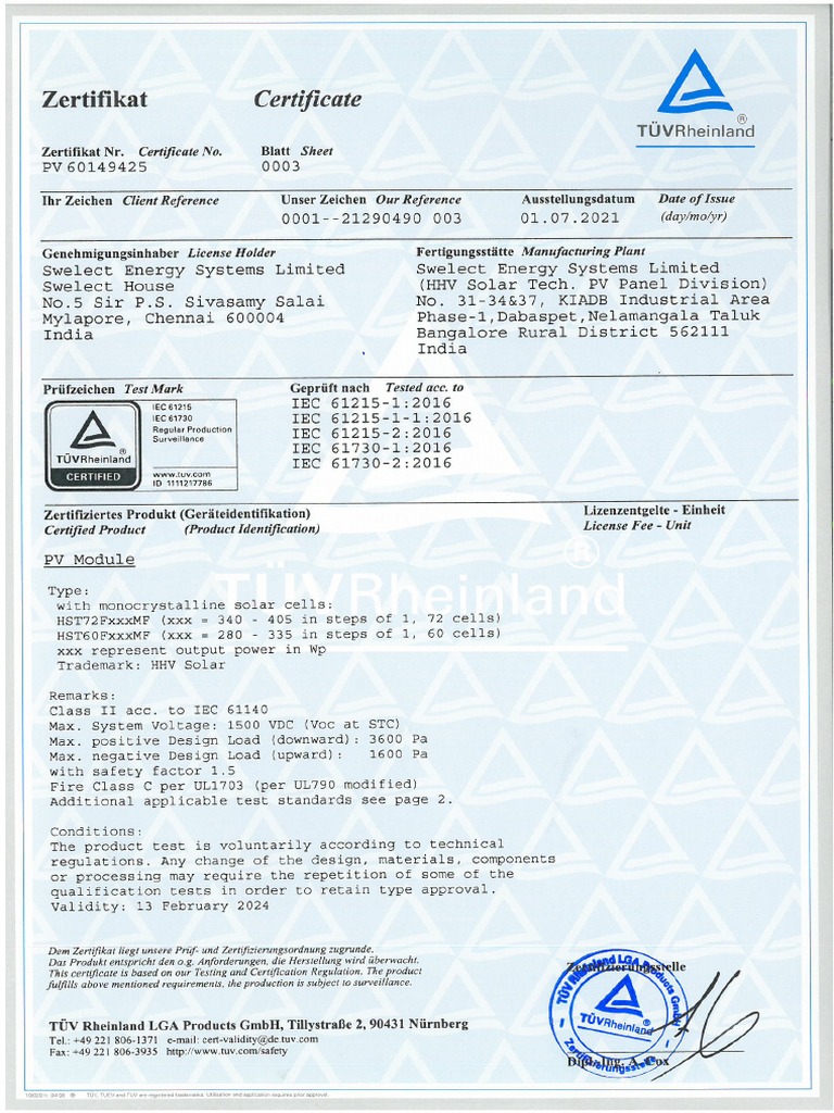 Certificate - IEC 61215 - 61730 | PDF