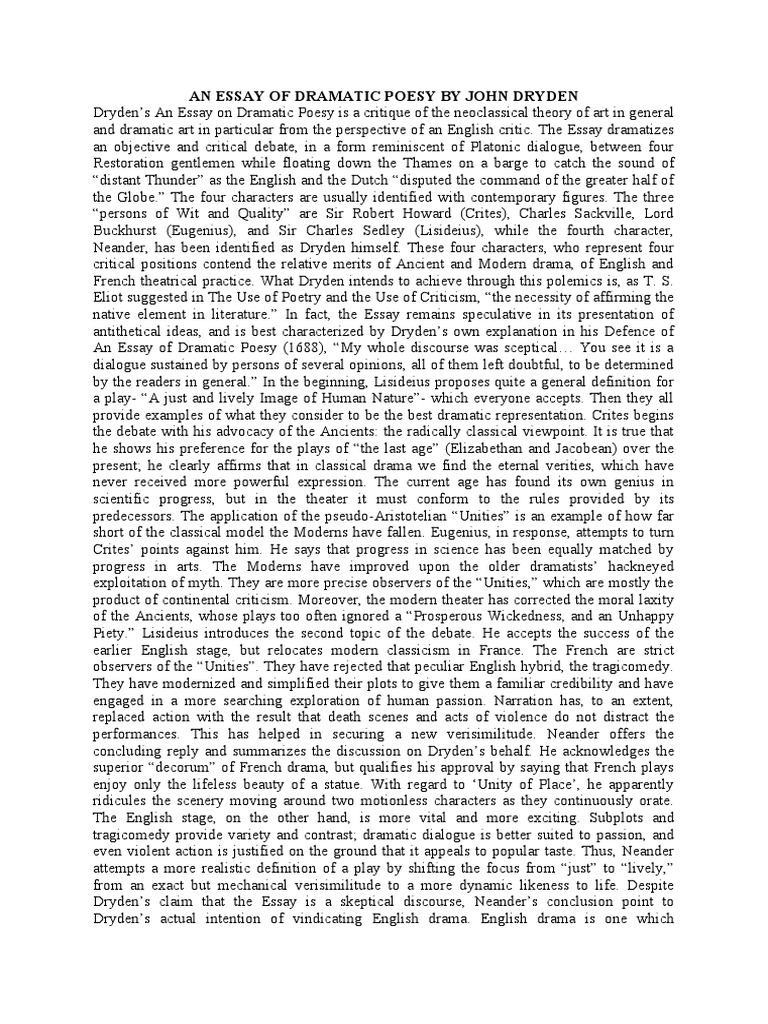 An Essay of Dramatic Poesy | PDF | John Dryden | Playwright