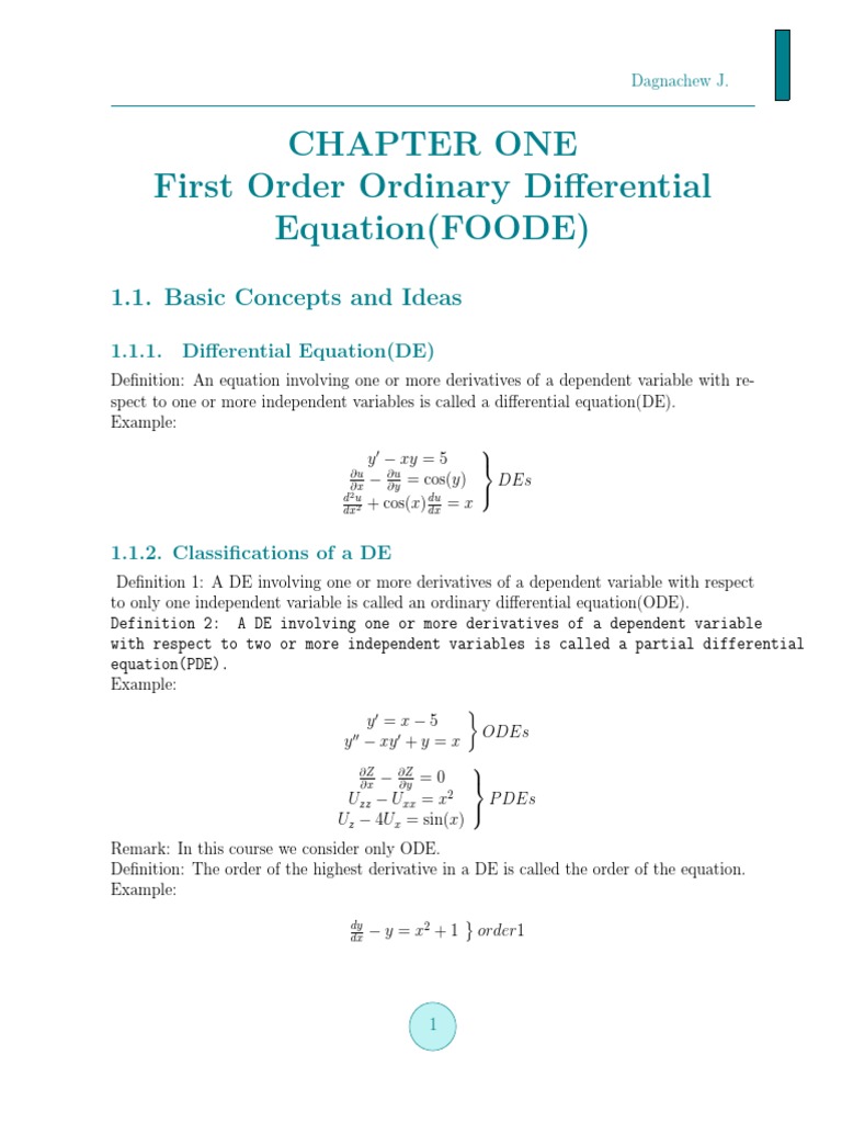 Chapter One First Order Ordinary Differential Equation (FOODE) | PDF ...