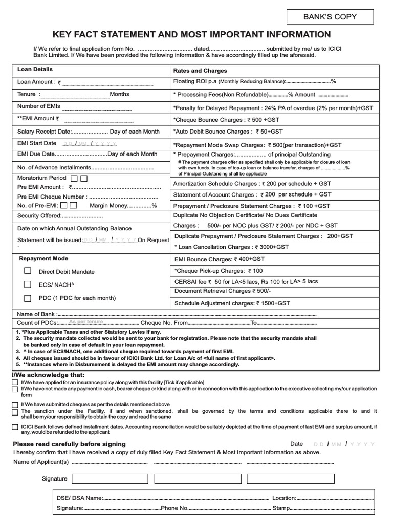 Key Fact Statement and Most Important Information: Bank'S | PDF ...