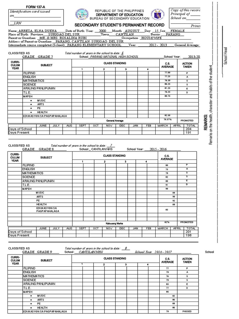 Secondary Student'S Permanent Record: Cantilan Nhs School Year 2016 ...