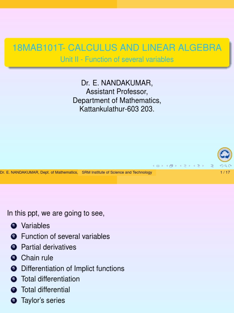 18Mab101T-Calculus and Linear Algebra: Unit II - Function of Several Variables | PDF ...