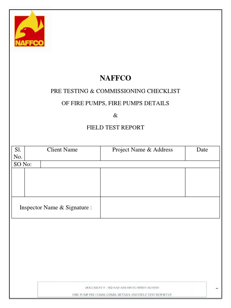 Naffco: Pre Testing & Commissioning Checklist of Fire Pumps, Fire Pumps ...
