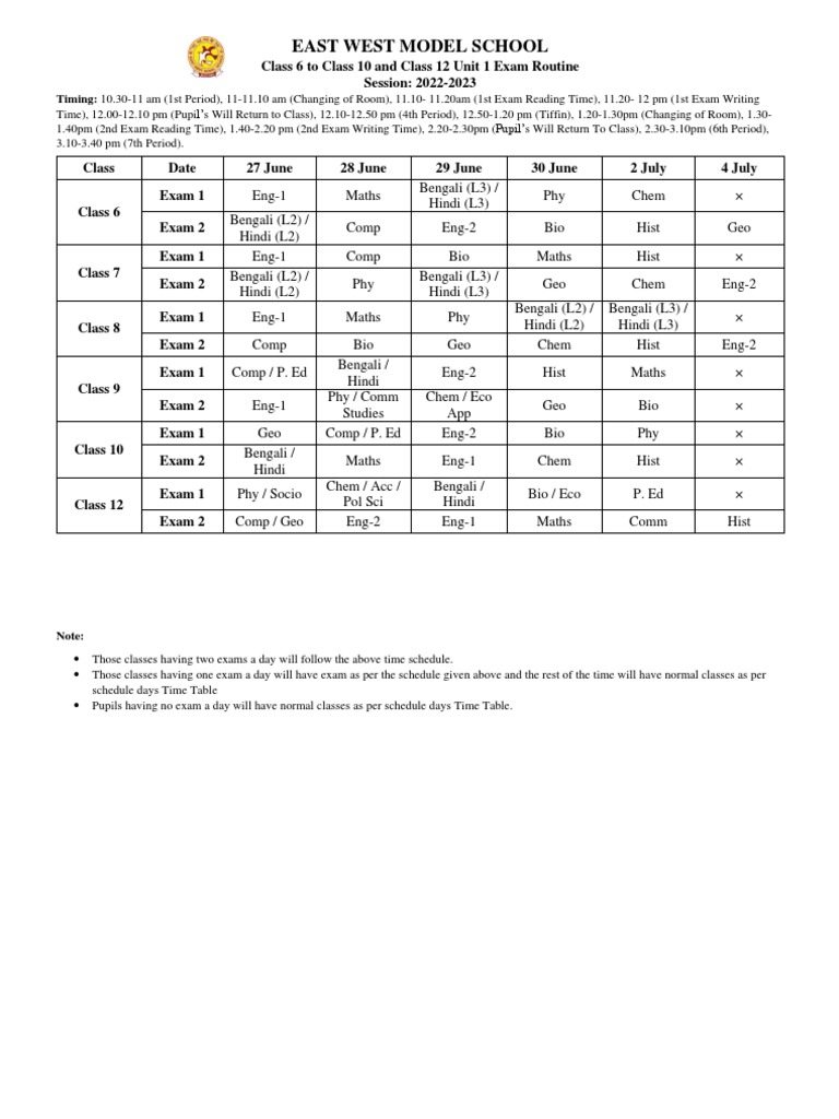 Class 6 To Class 10 and Class 12 Unit 1 Routine-2 | PDF