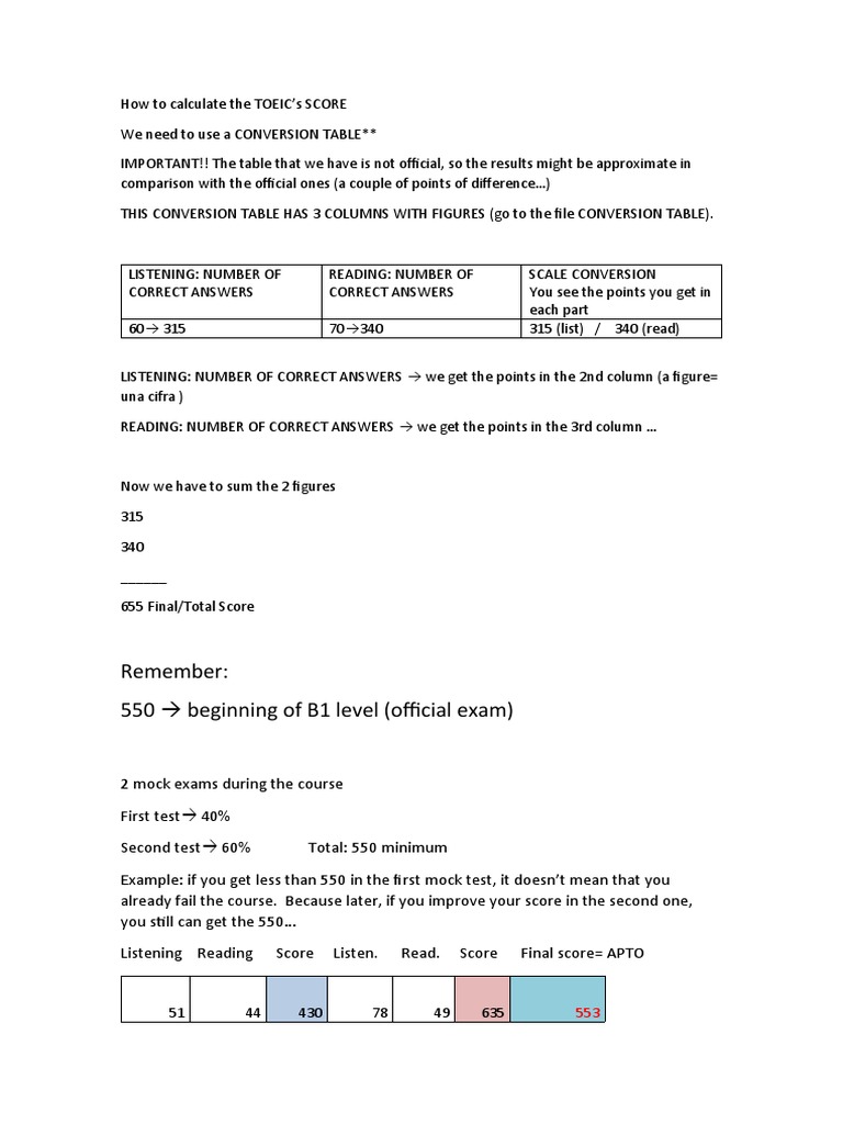 How To Calculate The Toeic Score and Sessions Notes | PDF
