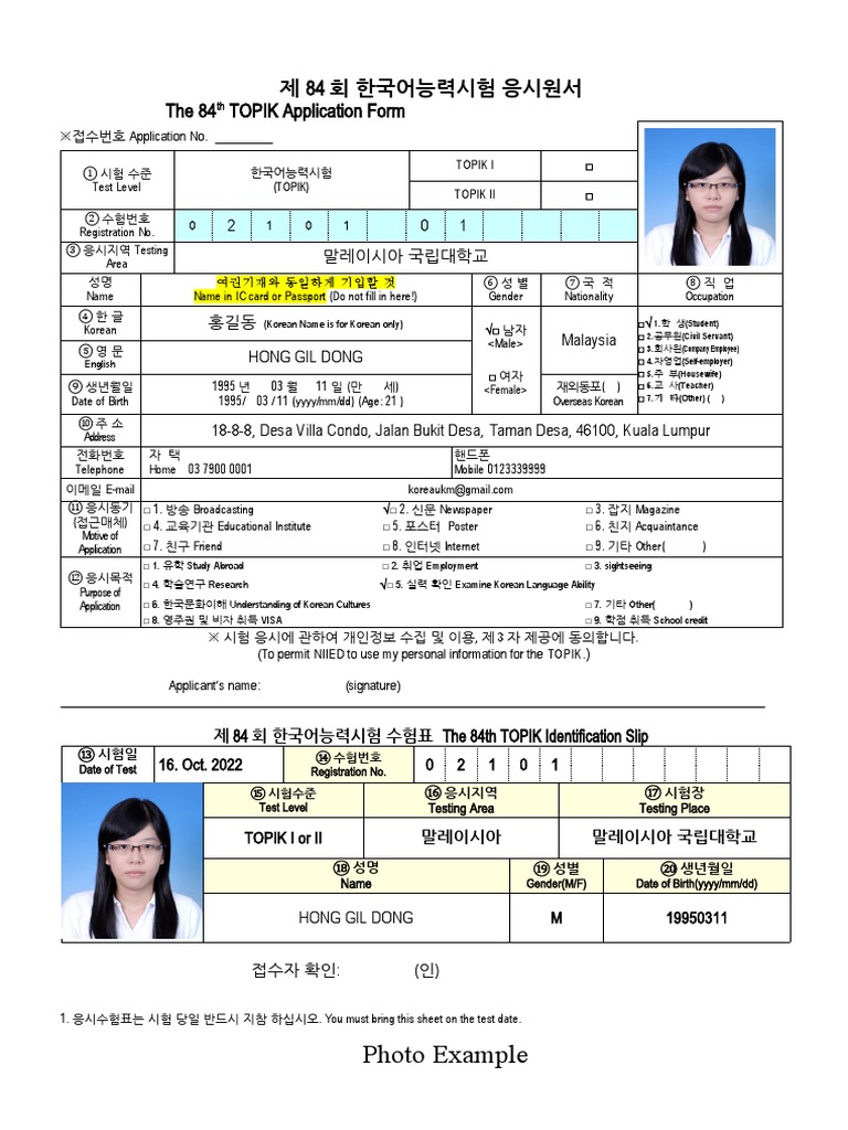 Example-84th TOPIK Application Form-Malaysia | PDF