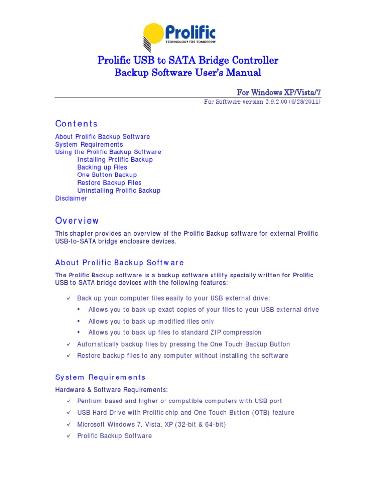 Prolific USB To SATA Bridge Controller Backup Software User's Manual ...
