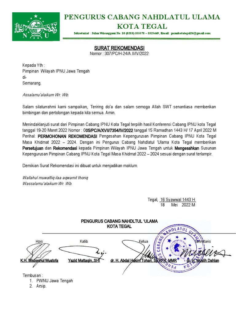 Rekomendasi Pengesahan IPNU Tegal 2022-2024 | PDF