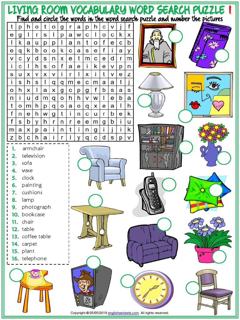 Living Room Worksheets | PDF | Chair | Word Search