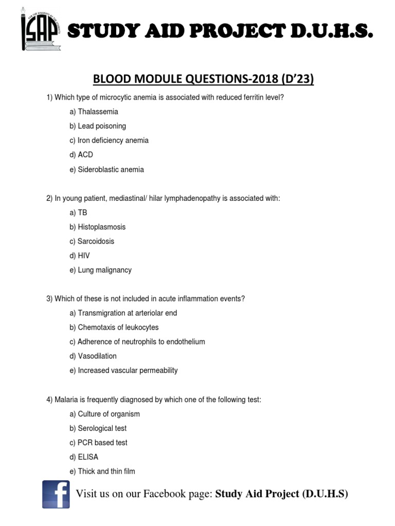 Blood Module Questions 2018 (D'23) | PDF | Animal Anatomy | Cell Biology