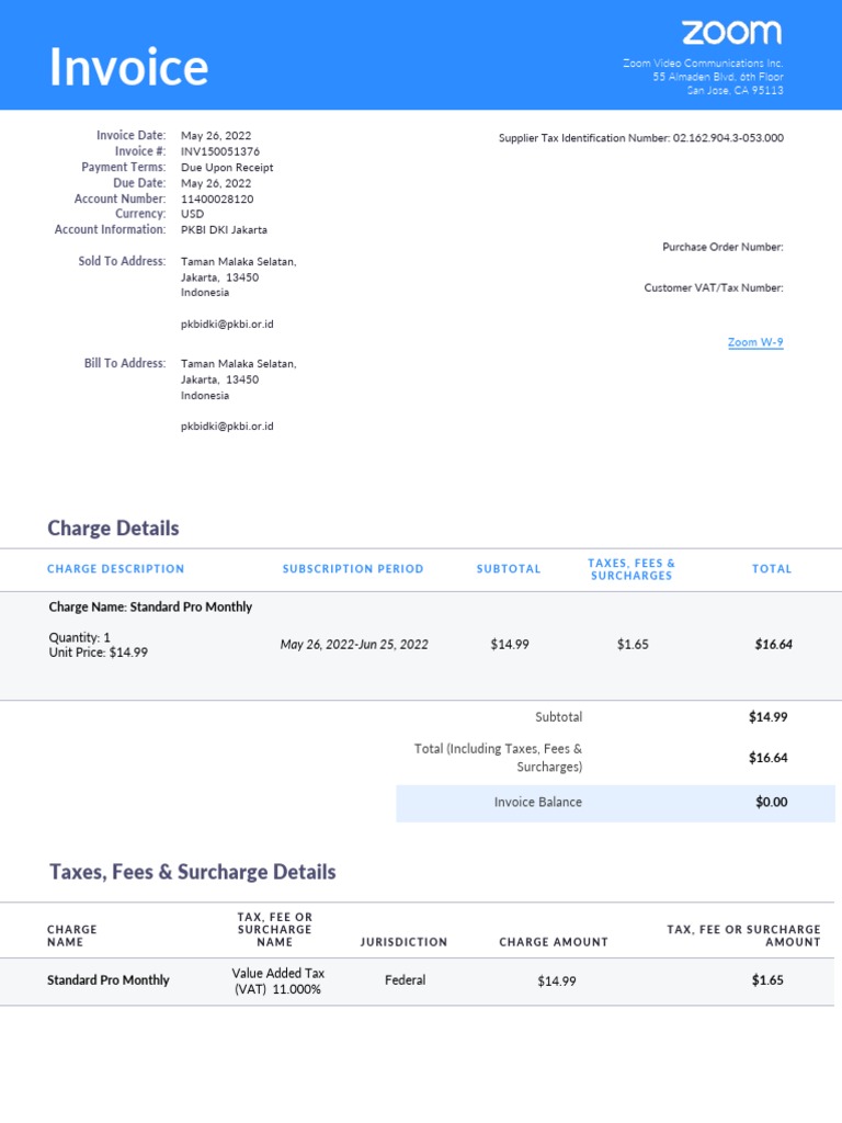 Zoom Invoice for PKBI Standard Pro Monthly Subscription | PDF | Invoice ...
