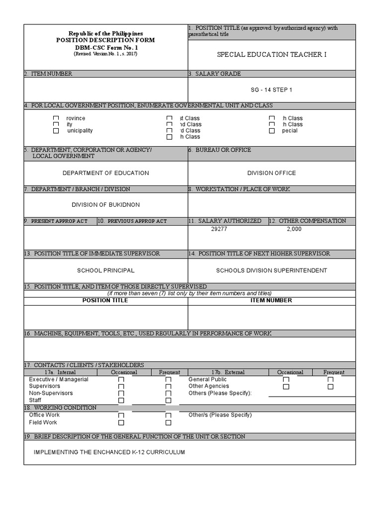 DBM CSC Form No. 1 Position Description Forms SPET | PDF