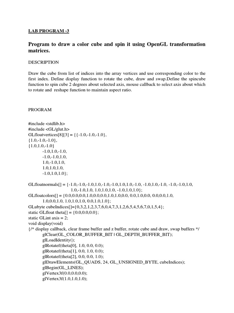 Program To Draw A Color Cube and Spin It Using Opengl Transformation Matrices | PDF | Computer ...