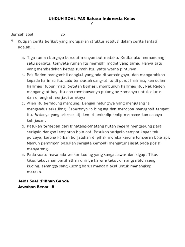 Lembar Soal PAS Bahasa Indonesia Kelas 7 | PDF