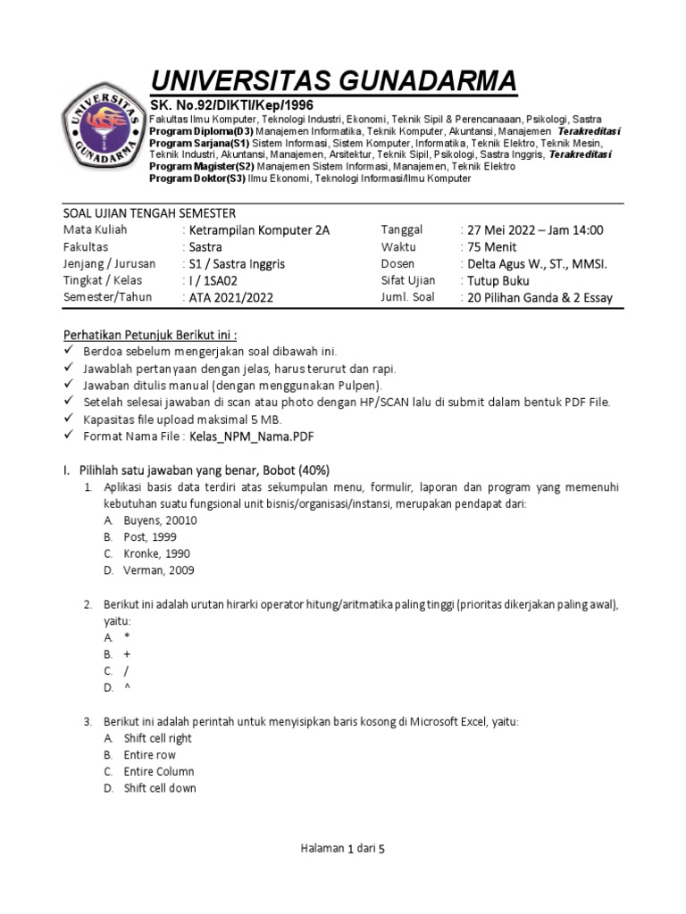 Soal Ujian Uts Ata 2021-2022 (1sa02) | PDF | Komputer | Metode & Bahan Ajar