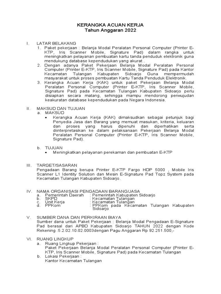 KAK Belanja Modal Peralatan Personal Computer Kecamatan Tulangan | PDF ...